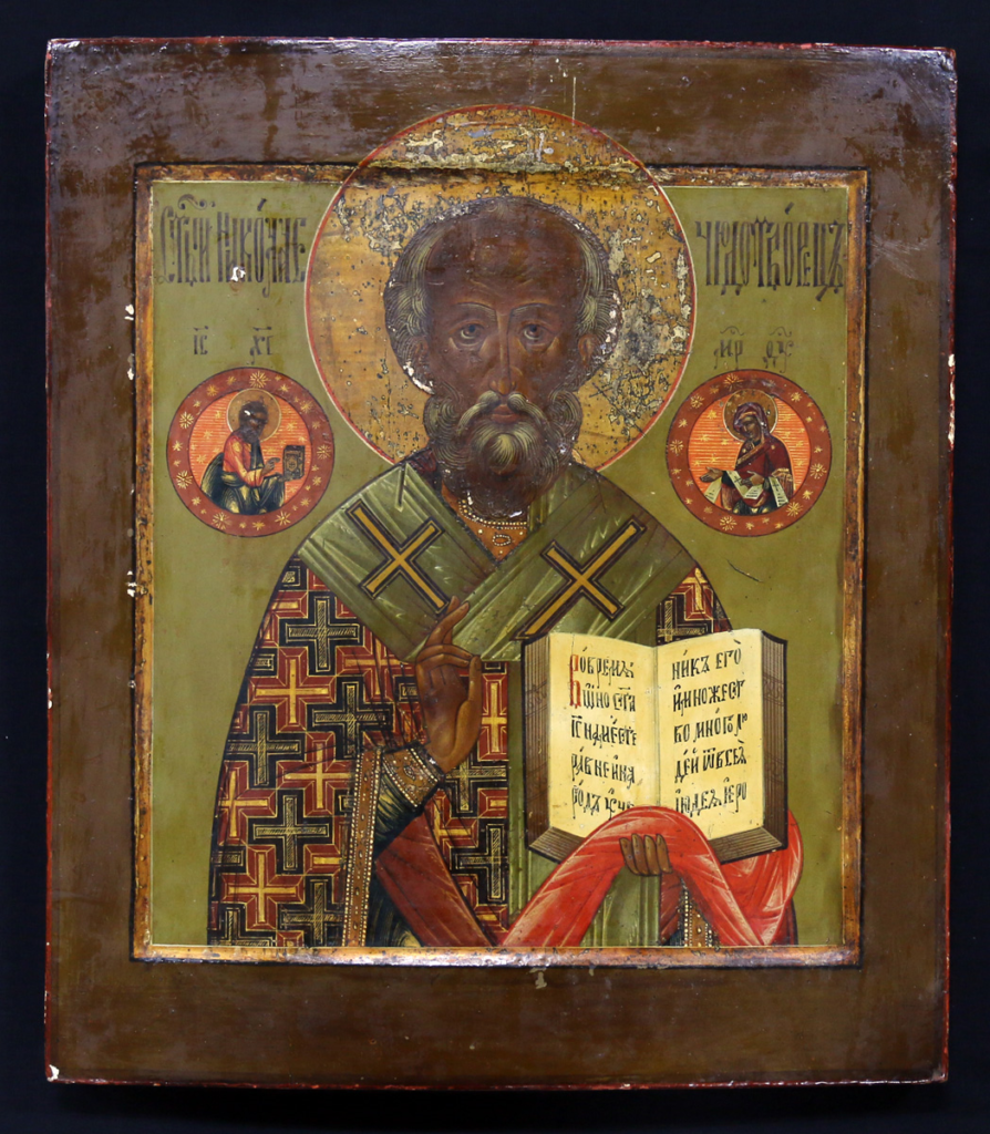Ikone, Russland 19./20. Jahrhundert, Darstellunge des Hl. Nikolaus von Myra, Tempera auf Holz ...